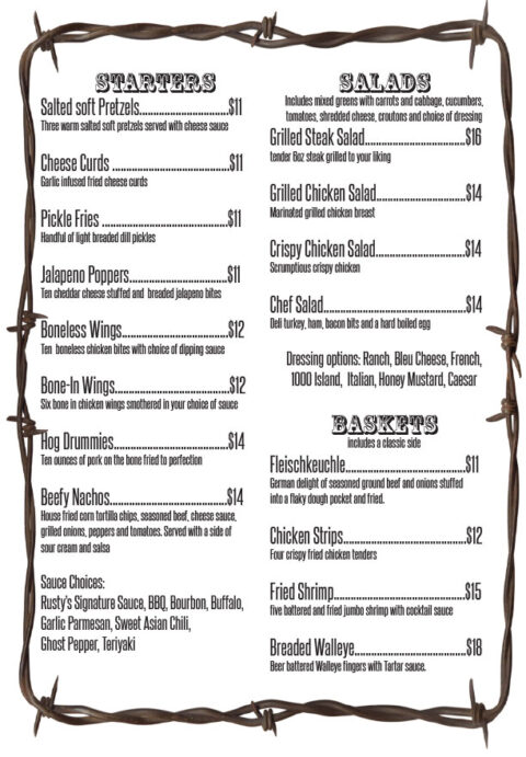 Food & Drink Menu at Rusty's Saloon & Grill in St. Anthony, ND