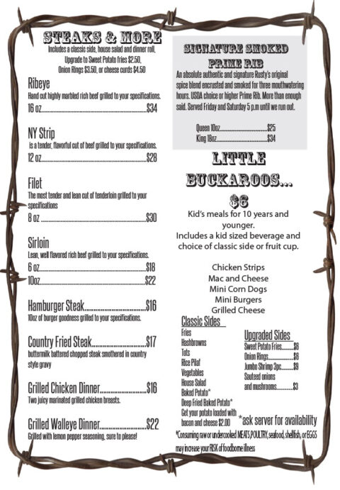 Food & Drink Menu at Rusty's Saloon & Grill in St. Anthony, ND